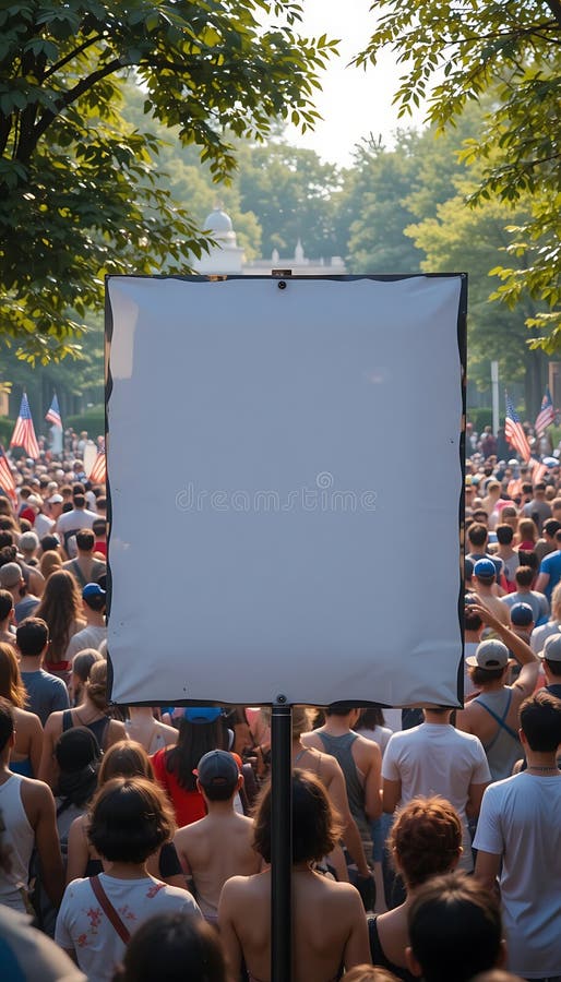 Crowd Walking with American Flags Behind Blank Sign Template Outdoors ...