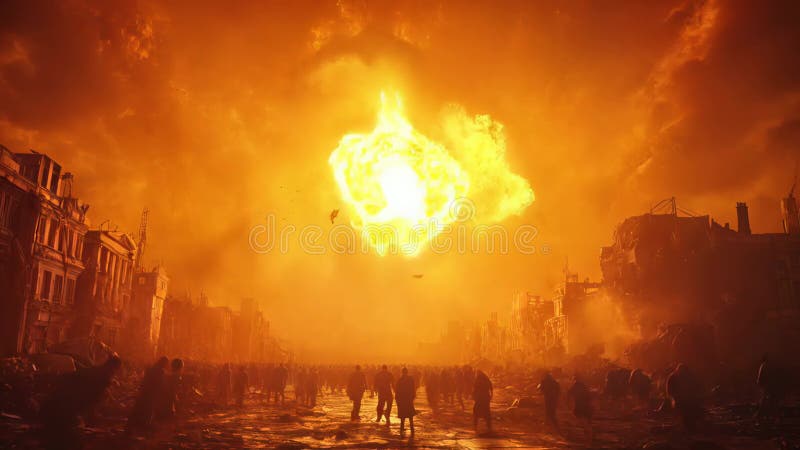 Crowd Walking Away from Giant Explosion Fireball Disaster Stock Footage ...