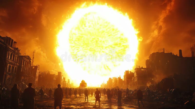 Crowd Walking Away from Giant Explosion Fireball Disaster Stock Video ...