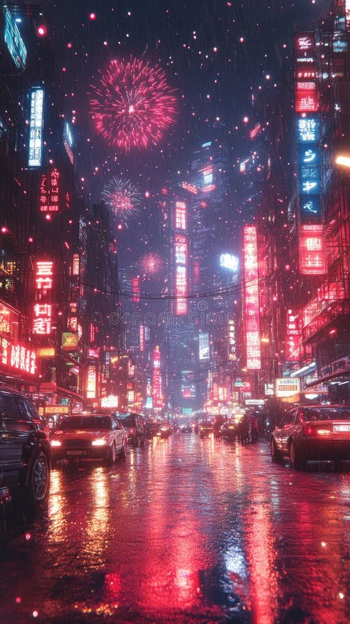 Crowd Walking Down Busy City Street during Fireworks Display at Night ...