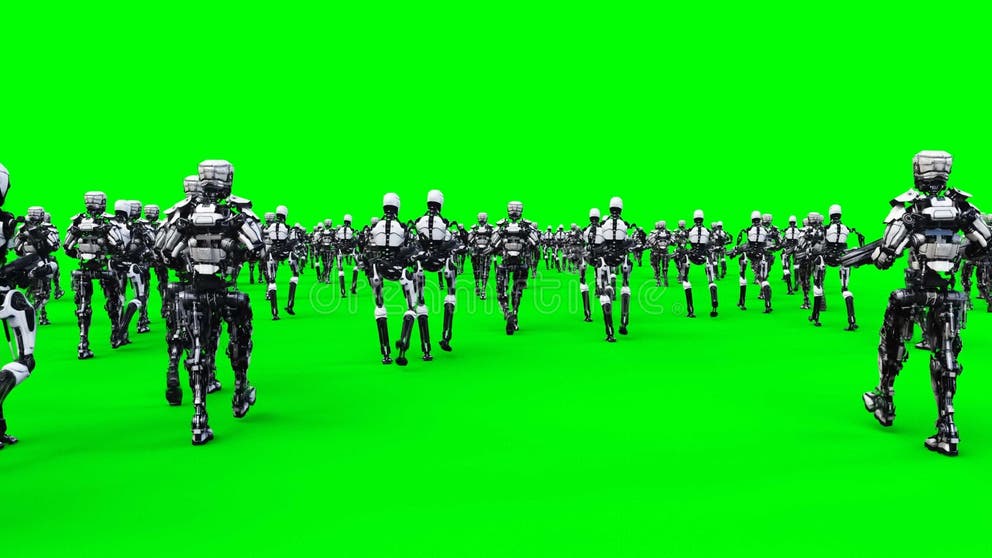 A Crowd of Walking Robots with Weapons. Green Screen.3d Rendering ...