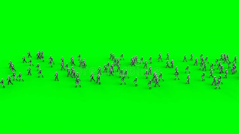 A Crowd of Walking Robots with Weapons. Green Screen.3d Rendering ...