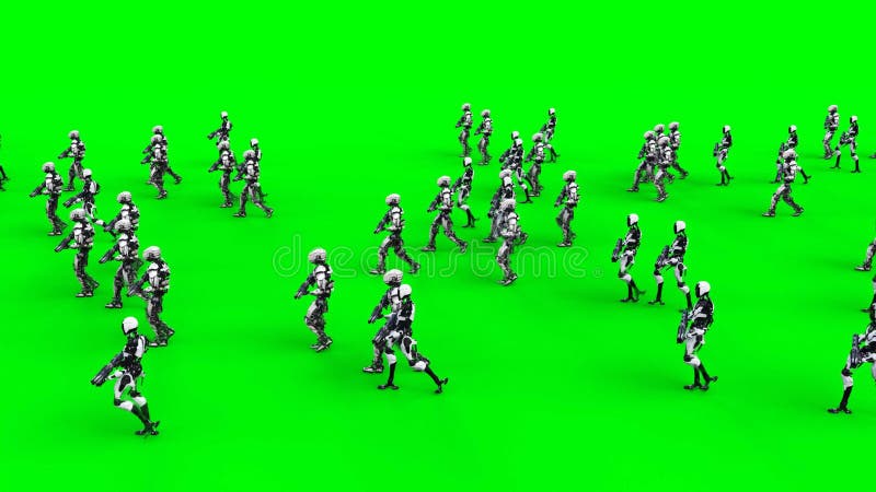 A Crowd of Walking Robots with Weapons. Green Screen.3d Rendering ...