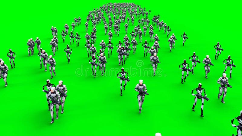 A Crowd of Walking Robots with Weapons. Green Screen.3d Rendering ...