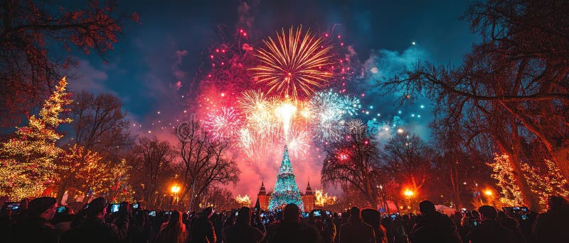Crowd Watches Fireworks Exploding Over Trees Stock Illustration ...