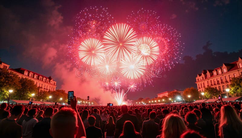 Crowd Watching Bright Fireworks Display at Night Stock Image - Image of ...