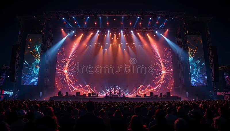 Crowd Watching Concert with Stage Lighting and Visual Effects Display ...