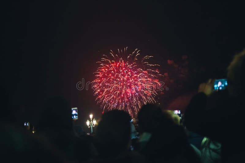 Crowd Watching Fireworks and Celebrating Stock Photo - Image of crowd ...