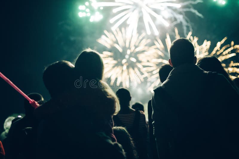Crowd Watching Fireworks and Celebrating New Year Eve Stock Photo ...
