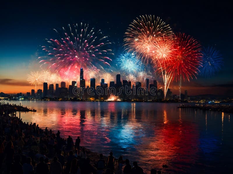Crowd Watching Fireworks Exploding Over City Skyline at Night Stock ...