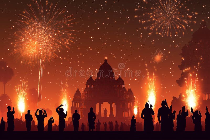 Crowd Watching Fireworks Exploding Over a Temple at Night God Rama ...