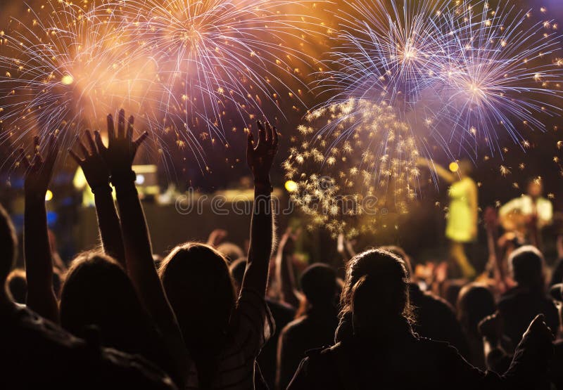 Crowd Watching Fireworks at New Year Editorial Photo - Image of clock ...