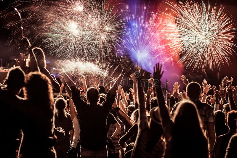 Crowd Watching Fireworks And Celebrating City Founded. Beautiful ...