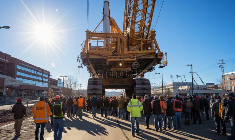 Crowd Watching Large Crane at Construction Site Stock Image - Image of ...