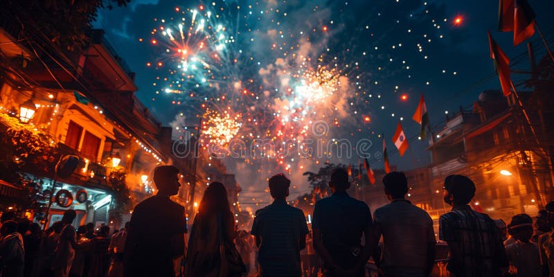 Crowd Watching Vibrant Fireworks Burst in the Night Sky during ...