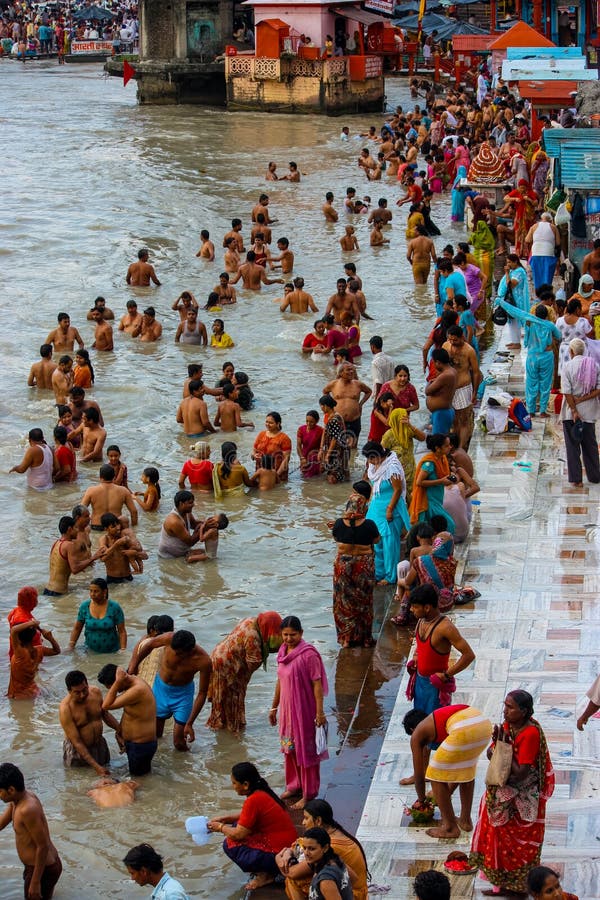 Haridwar, India - August 20, 2009: Crowd in the Water of Ganges for the ...
