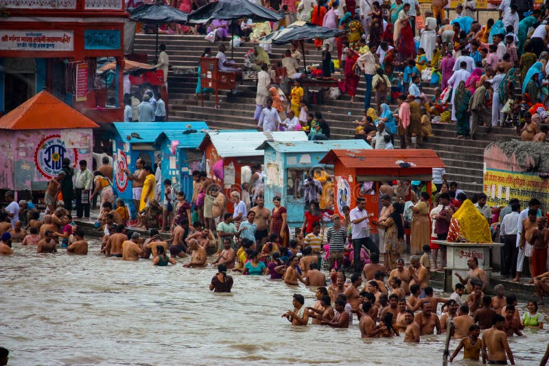 Haridwar, India - August 20, 2009: Crowd in the Water of Ganges for the ...