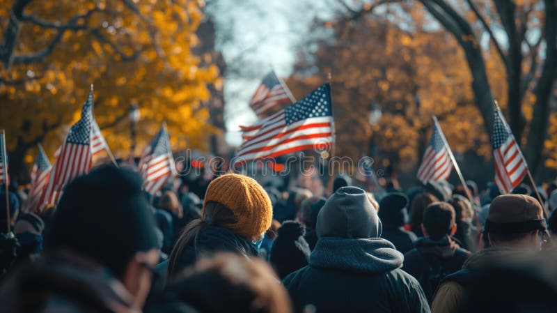 Crowd waving US flags stock illustration. Illustration of united ...
