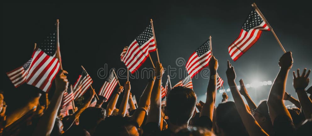 Crowd waving US flags stock illustration. Illustration of flag - 320217890