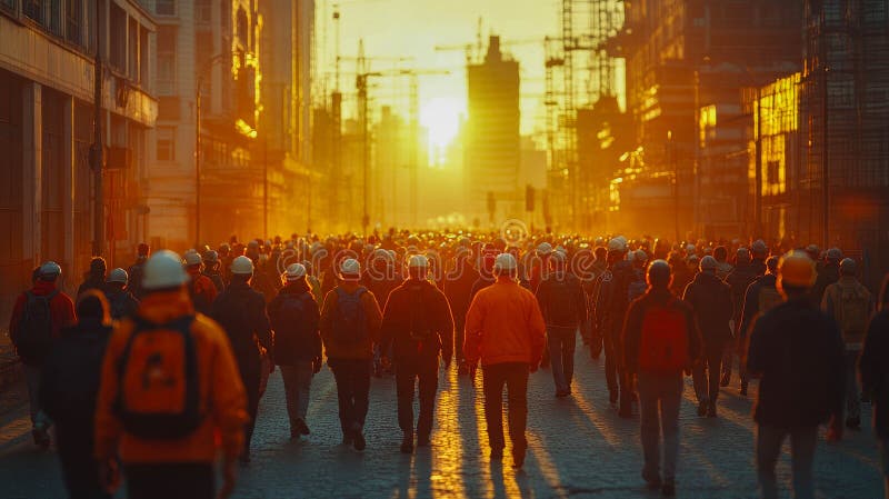 A Crowd of Workers with Helmets Walking through a Construction Site at ...