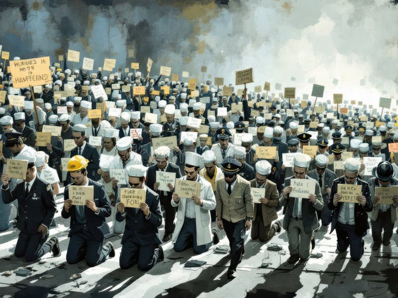 Crowd of Workers Kneeling and Protesting Against Artificial ...