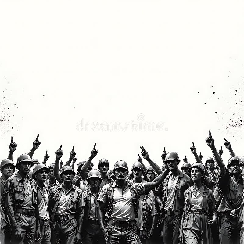Crowd of Workers Wearing Helmets Raising Hands in Black and White Stock ...