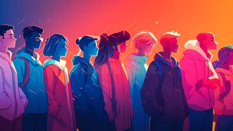A Crowd of Young People in Pink and Blue, Generative AI. Stock ...