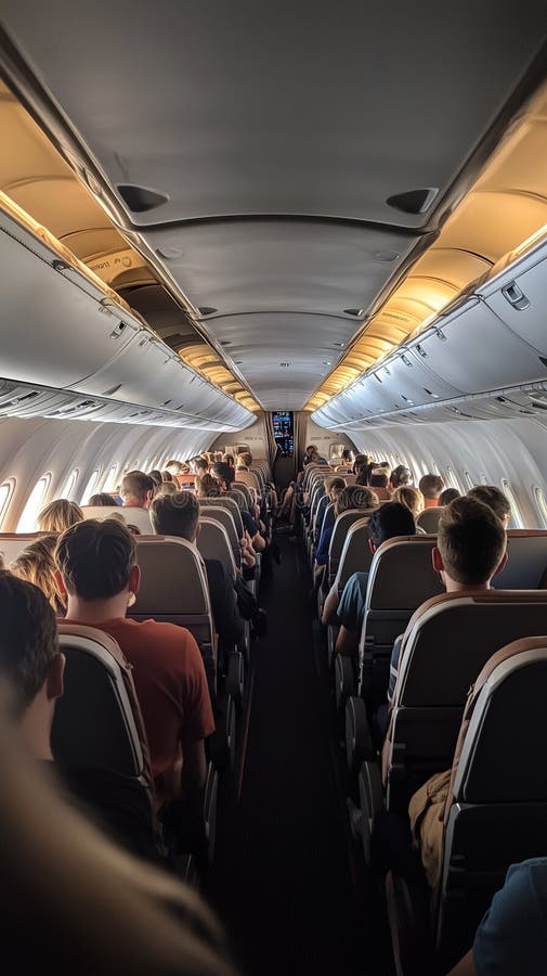 Crowded Airplane Cabin with Passengers and Flight Attendants Ready for ...