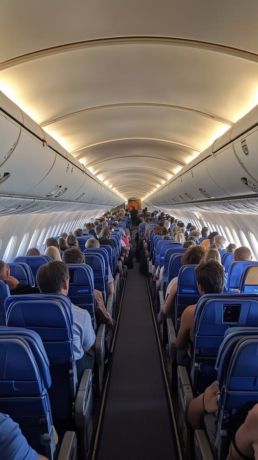 Crowded Airplane Cabin with Passengers Ready for Takeoff, and a Flight ...