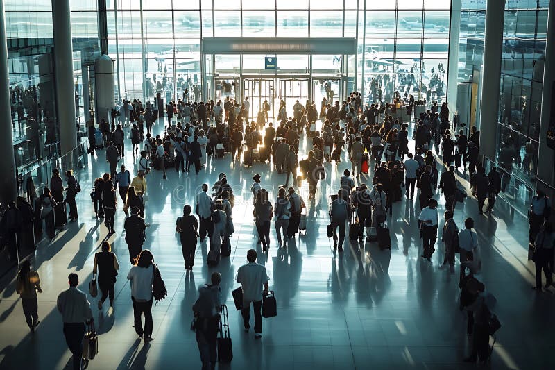 Crowded Airport Terminal, Passengers Walking Towards Exit Doors Stock ...