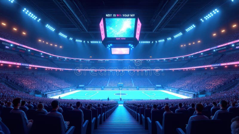 Crowded Arena at Night with Bright Lights and Large Screen Stock ...