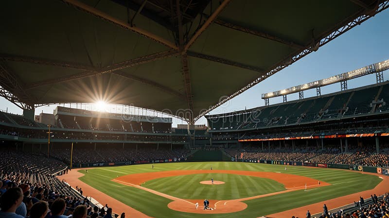Crowded Baseball Stadium Under Sunny Sky Stock Illustration ...