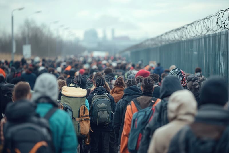Crowded Border with Many People Carrying Suitcases and Backpacks ...