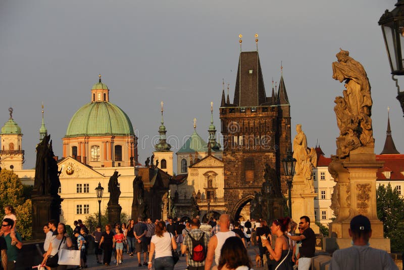 Crowded Charles Bridge in Prague at Sunset Editorial Image - Image of ...