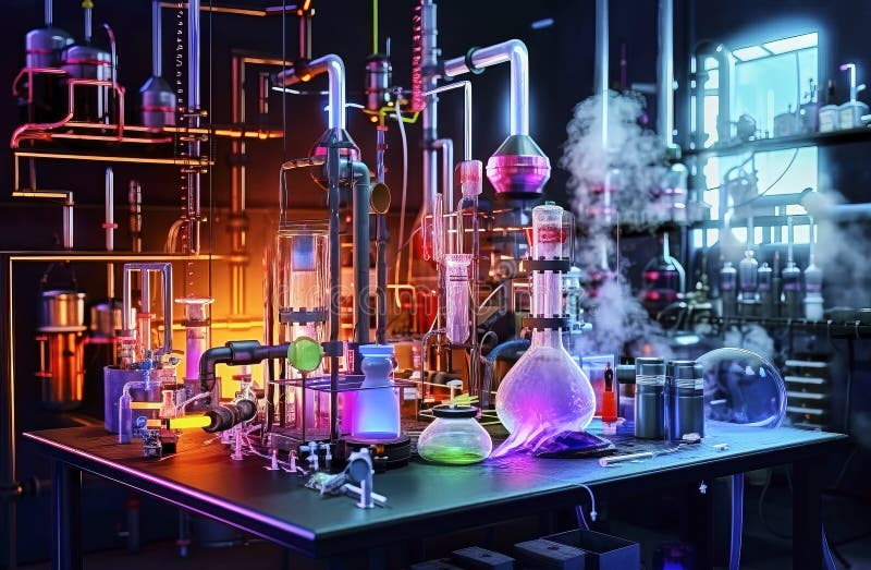 Crowded Chemical Laboratory with Bubbling Flasks and Containers with ...