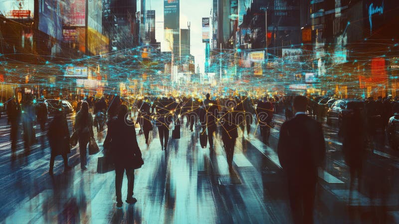 Crowded City Street with Digital Network Overlay Stock Illustration - Illustration of street ...