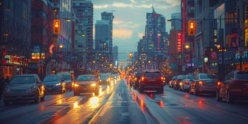 A Crowded City Street With Heavy Traffic Cars Buses And Pedestrians