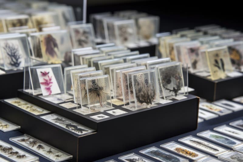A Crowded Display of Microscope Slides, Each One Showcasing a Different ...