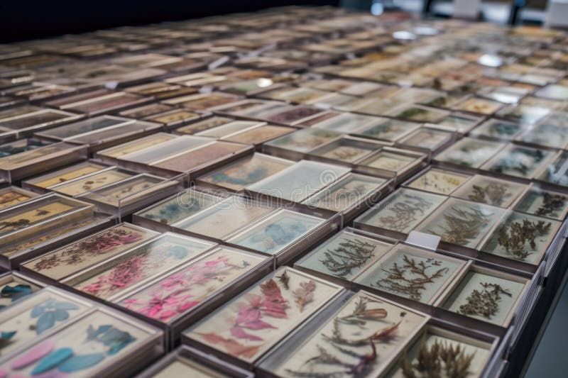 A Crowded Display of Microscope Slides, Each One Showcasing a Different ...