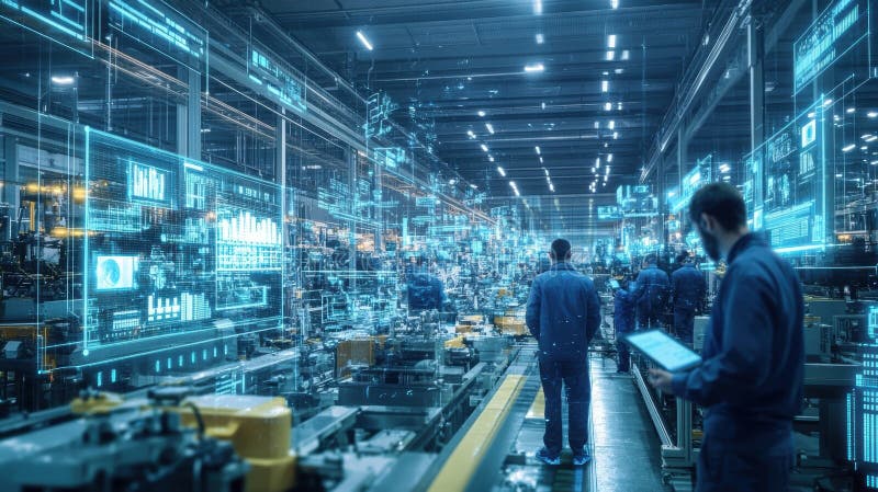 A Crowded Factory Space Featuring Teams Collaborating Around Digital ...