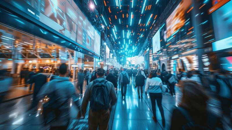 Crowded Futuristic Business Expo Showcasing Advanced Technology Stock ...