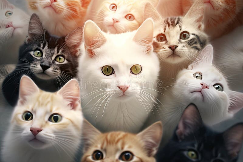 Crowded Group of Multi Colored Cat Kittens All Looking Straight Up at ...