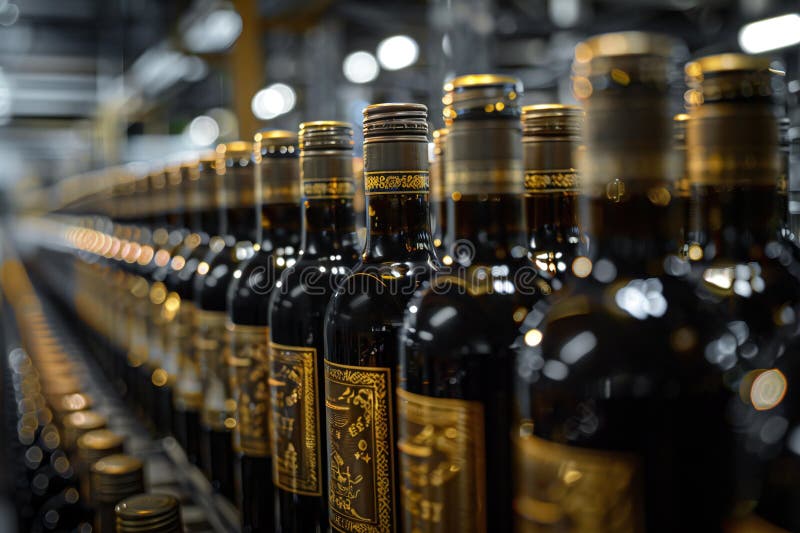 A Crowded Line of Bottles are Lined Up with Gold Labels Stock ...