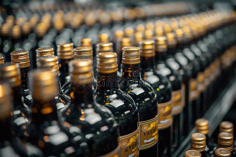 A Crowded Line of Bottles are Lined Up with Gold Labels Stock ...
