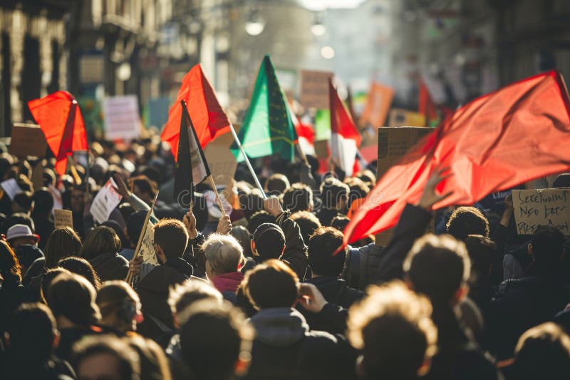 Crowded Political Rally with Enthusiastic Supporters Holding Banners ...