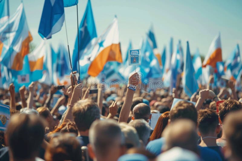 Crowded Political Rally with Enthusiastic Supporters Holding Banners ...