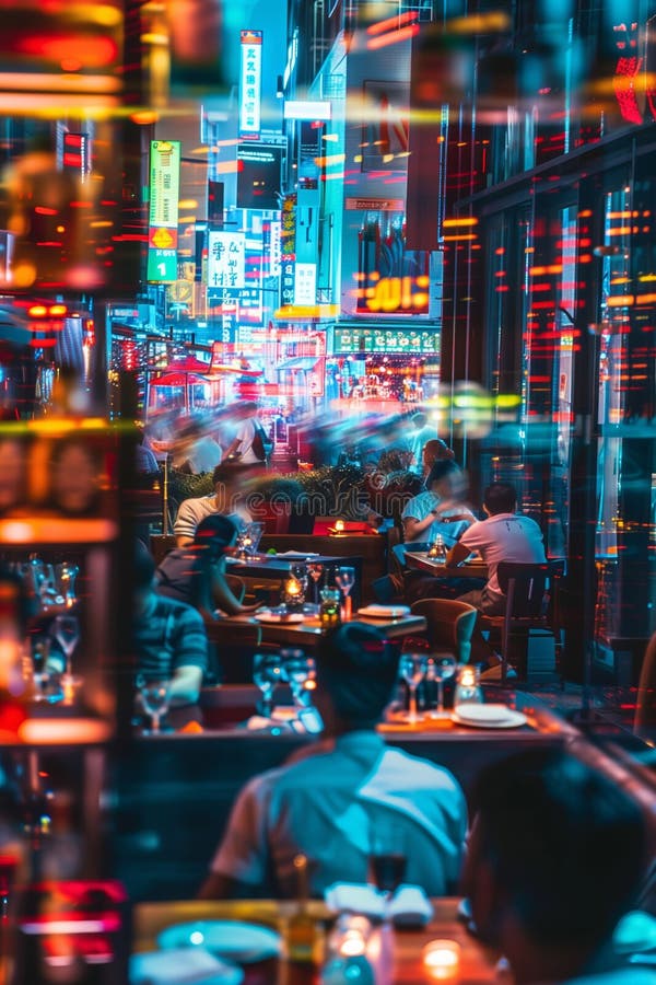 Crowded Restaurant or Pub with People Dining and Waiters, Bartender and ...