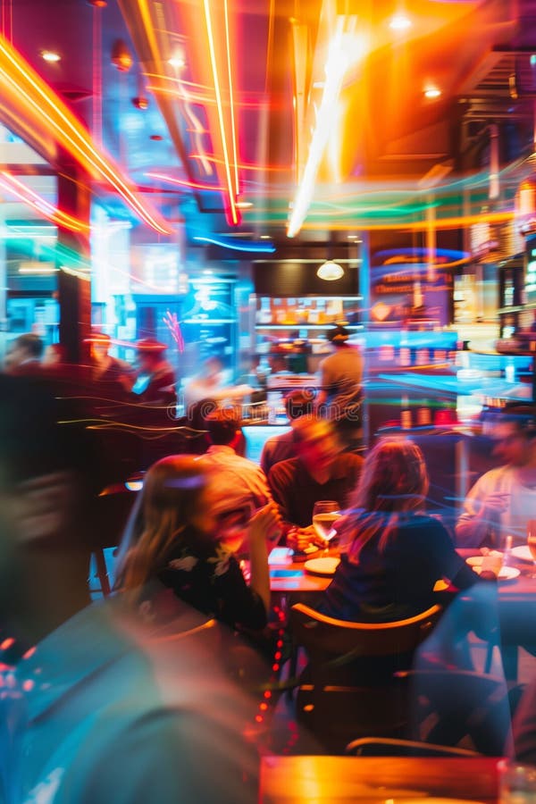 Crowded Restaurant or Pub with People Dining and Waiters, Bartender and ...