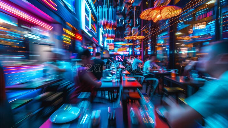 Crowded Restaurant or Pub with People Dining and Waiters, Bartender and ...