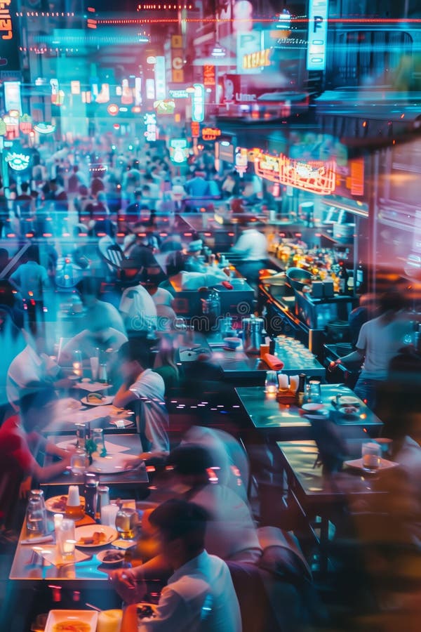 Crowded Restaurant or Pub with People Dining and Waiters, Bartender and ...